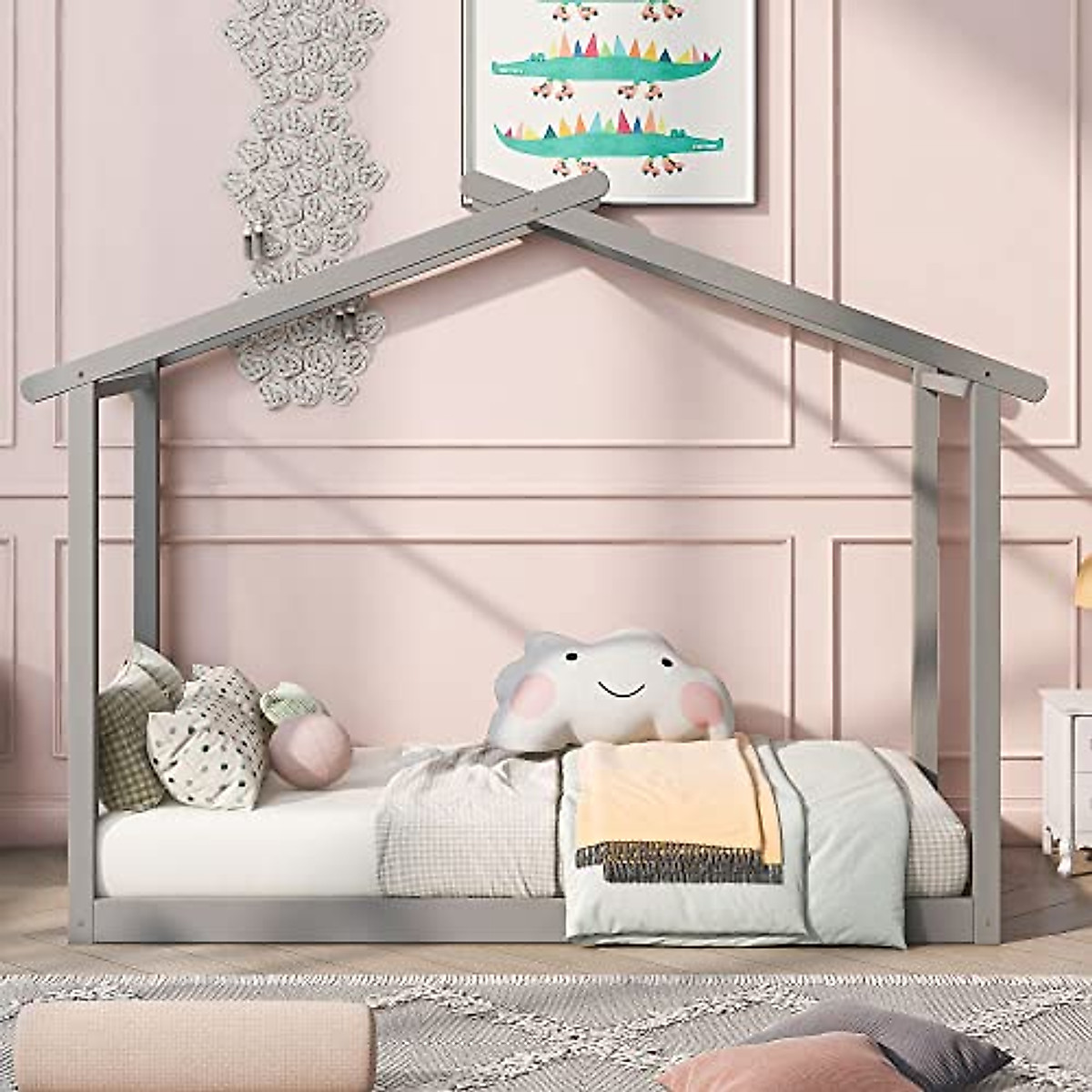 KoiHome Twin Size/King Size Low House Platform Bed with Trundle, Solid Wood Floor Bed Frame with Support Slat for Kids,Teens Bedroom, Roof Design, Creative & Funny, No Box Spring Need, Gray