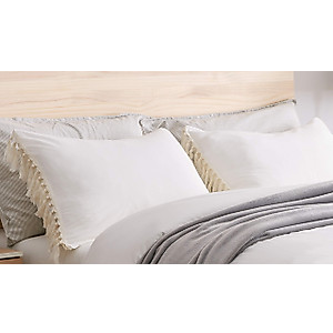 Sweet Jojo Designs Bohemian Boho Chic Ivory Macrame Tassel 3 pc. Full/Queen Size Bed Bedding Duvet Comforter Cover and Sham Set Off White Cotton Fringe Textured Tufted Luxury Minimalist Farmhouse