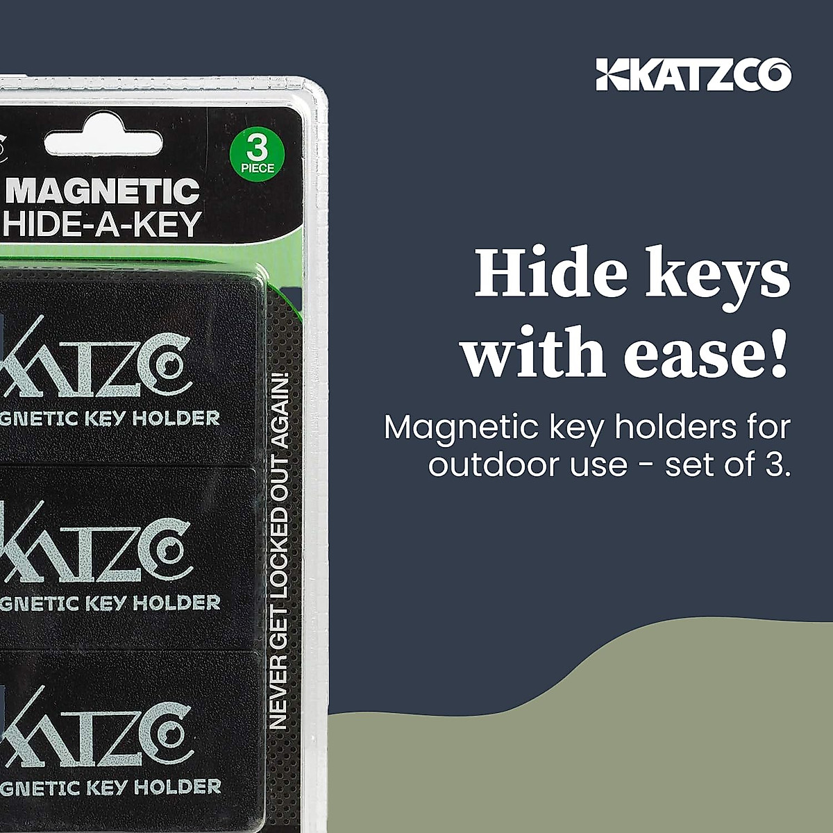 Katzco Magnetic Key Holder - 3 Pack - 1.25 x 2.75 Inches - Rugged Black Plastic Cases with Strong Magnets - for Safe Compartments, Extra Car Keys, House, and More