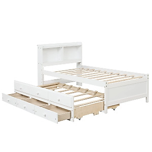 Twin Size Trundle Bed with Storage Drawers and Bookcase Headboard, Kids Twin Bed with Trundle,Captains Bed Twin with Trundle,Twin Trundle Bed with Storage for Teens,Adults(Twin,White)