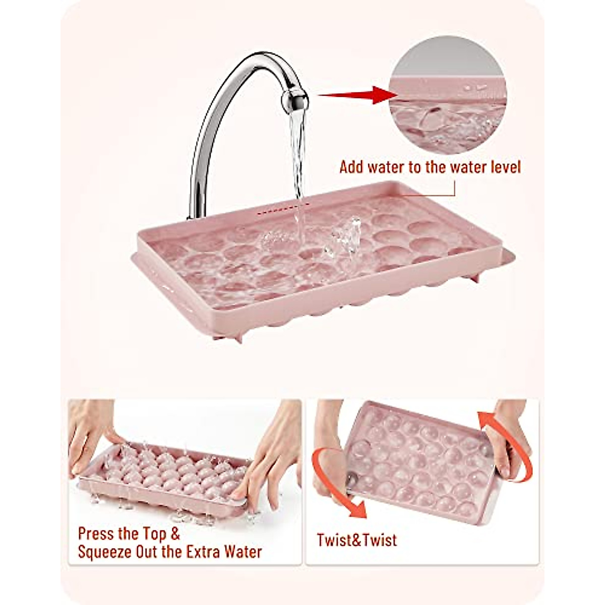 ICEDIVER Ice Cube Tray, Round Ice Trays for Freezer with Lid and Bin, Circle Ice Mold Making 66 x 1.0IN Small Ice Balls,Sphere Ice Makers with Ice Buckets Tongs & Scoop (Pink)