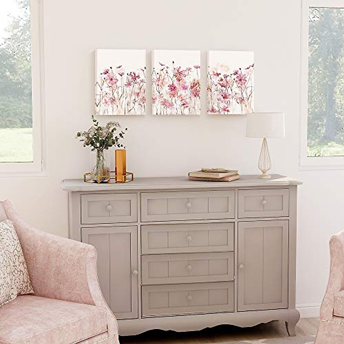 SUMGAR Pink Flower Wall Art Bedroom 3 Piece Romantic Floral Wildflower Plants Nature Scenery Canvas Prints Contemporary Red Bloom Pictures for Teen Girl Room Living Room Bathroom, 12 x 16 inch