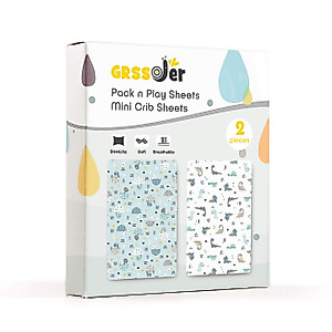 GRSSDER Stretchy Ultra Soft Jersey Knit Fitted Pack n Play Sheets Set 2 Pack, Portable/Mini Cribs Sheets, Happy Dinosaurs for Girls and Boys