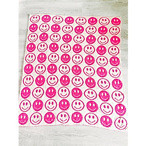 Happy Face Knitted Throw Blankets Reversible Soft Knit Blanket with Two-Toned Cute Pattern Bed Throws Fuzzy Kids Blanket Warm Cozy for Home Couch Sofa (Rosy)