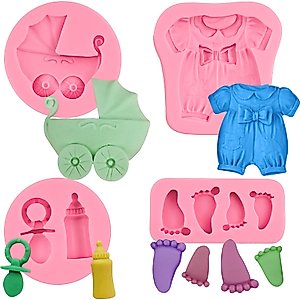 Baby Showers Fondant Molds 4 Pcs, Bottle Stroller Skirt Chocolate Cake Decoration Silicone Mold for DIY Candy Sugar Craft, Cookies, Marzipan, Flower Paste, Dough, Resin, Clay