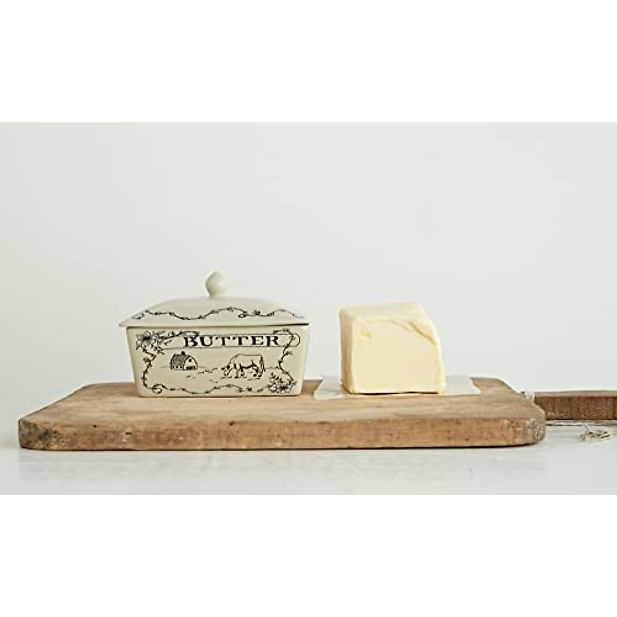 Creative Co-Op Country Stoneware Butter Dish with Lid, "Spread the Love" Message, and Farm Line Drawing, White and Black