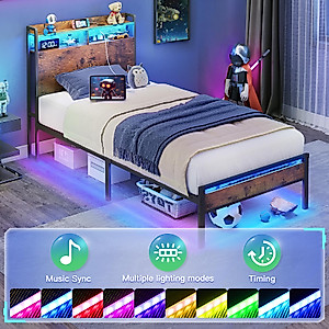 KKL Twin Bed Frames, Storage Headboard with Charging Station, RGB Light Strips, Solid and Stable, Noise Free, No Box Spring Needed, Easy Assembly, Rustic Brown