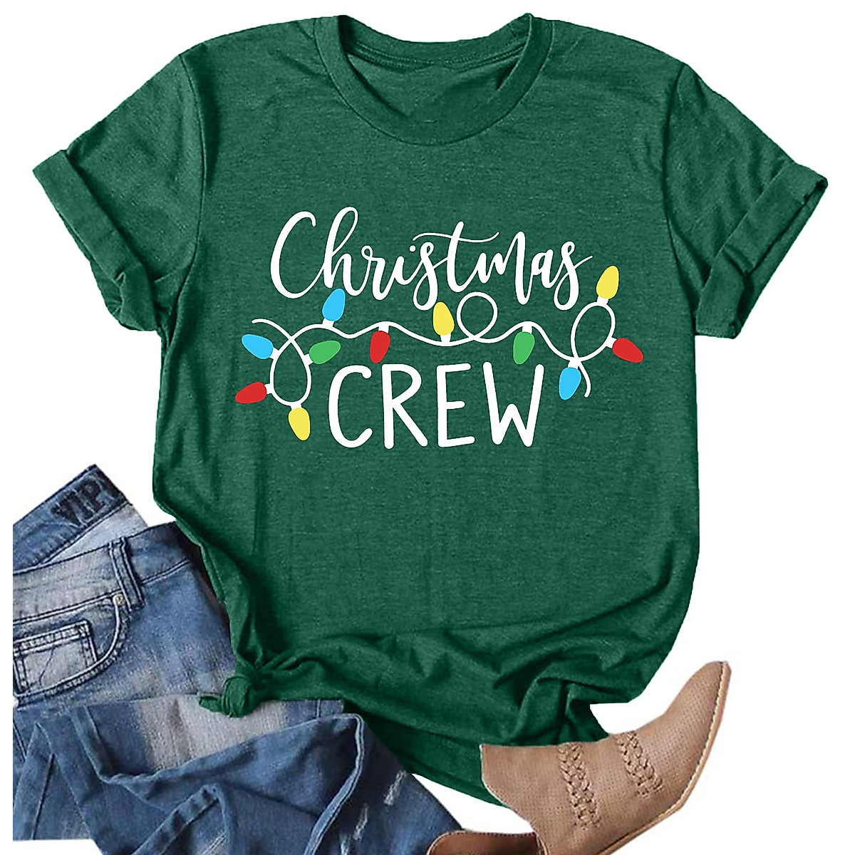 Christmas Crew Shirts for Women Xmas Shirt Top Short Sleeve Christmas Lights Print Graphic T Shirt Holiday Tees Green
