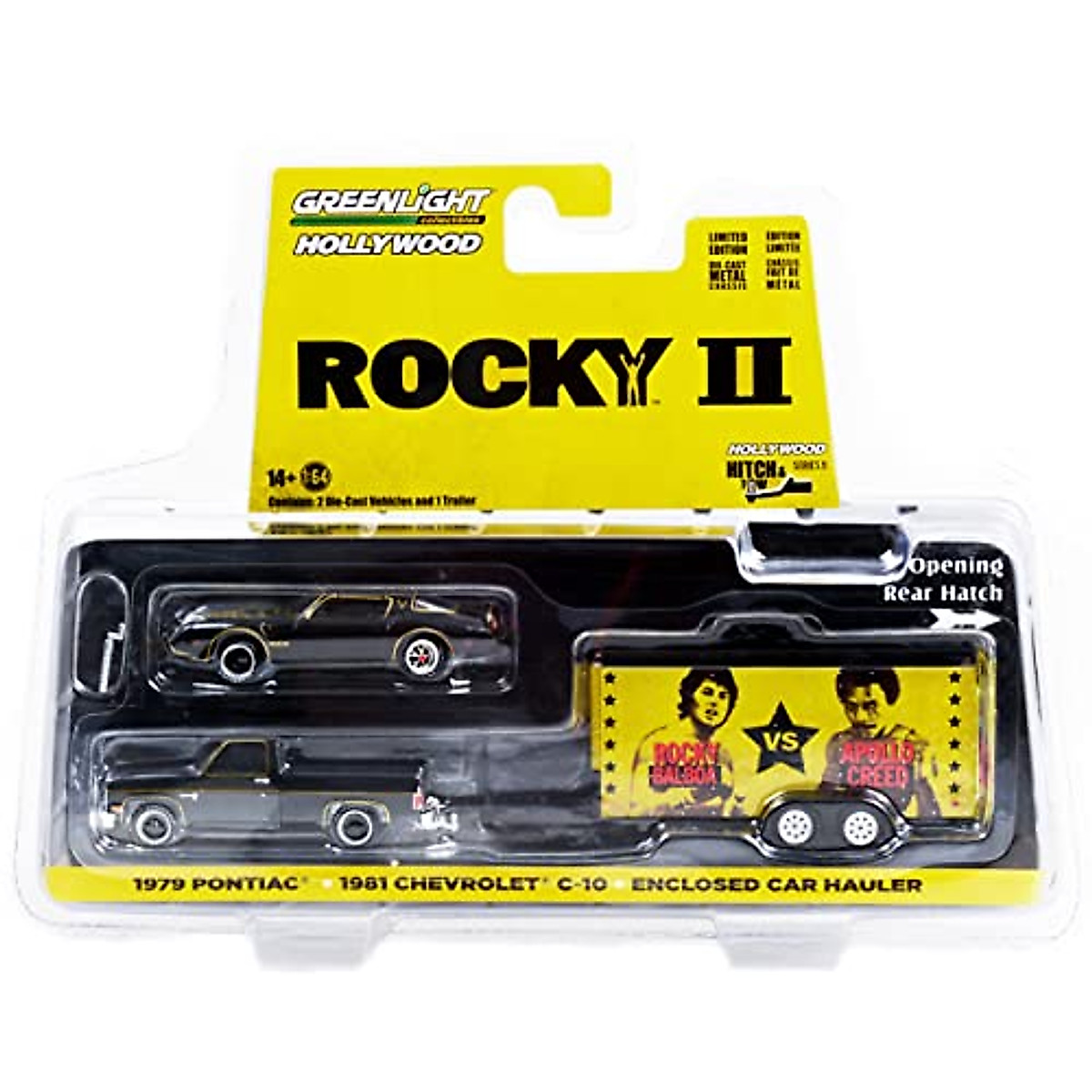 1981 Chevy C-10 Custom Pickup Black & 1979 Pontiac Firebird T/A Black Rocky's & Enclosed Car Hauler Rocky II Movie 1/64 Models by Greenlight 31120 A
