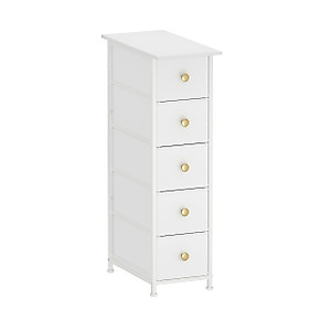 GiftGo Narrow Dresser Cabinet Vertical Slim Dresser Chest of Drawers Skinny Storage Tower for Small Spaces Gaps Closet Bedroom Bathroom Small Fabric Drawer Unit (White, 5 Drawers)