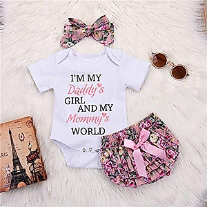IWOKA 3Pcs Newborn Baby Girl Short Sleeve Letters Romper Jumpsuit+Pant Shorts+Headband Bodysuit Outfit (White, 6-12Months)
