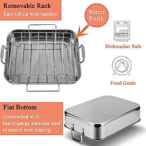 WEZVIX Stainless Steel Roasting Pan with Rack, 16.5 Inch Rectangular Turkey Roaster Lasagna Pan for Roasting Turkey, Chicken, Meat & Vegetables, Non-toxic & Heavy Duty, Easy Clean & Dishwasher Safe