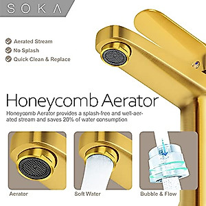 SOKA Brass Bathroom Faucet Brushed Gold Bathroom Sink Faucet Gold with Pop-up Sink Drain Stopper & Deck Plate 1 or 3 Hole Bathroom Faucet Single Handle Bathroom Faucet Single Hole RV Bathroom Faucet