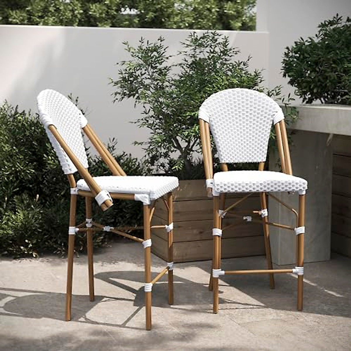 Flash Furniture Lourdes Commercial Grade Bistro Counter Height Stool, Stackable Indoor/Outdoor Dining Stool, 26" High, White/Gray and Bamboo Finish, Set of 2