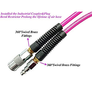SANFU Polyurethane(PU) 1/4-Inch x 100ft Reinforced, lightweight Air Hose with 1/4” Swivel Industrial Quick Coupler and Plug, Bend Restrictor, Transparent Pink(100’)
