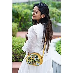 Sacci Mucci Women's Rainbow Sling Bag, Handmade Bags for Females - Vegan Leather and Canvas Fabric, Lightweight and Durable, floral Print, Mustard marigold, M