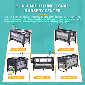 MOOITZ Baby Bassinet Bedside Crib, 6-in-1 Pack and Play with Bassinet, 4 Height Adjustable Bedside Crib, Newborn Portable Bassinet with Wheels, U-Shaped Diaper Table, Music Box & Hanging Toys