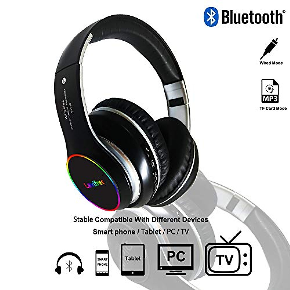 Bluetooth Headphones,Wireless/Wired Over Ear Headset,Hi-Fi Bass Stereo, Built-in Mic,LED Light Up,Foldable,Micro SD/TF, FM for Adult Teen Kid for Phone/Samsung/Pad/PC/Android/Laptop/TV(Black)