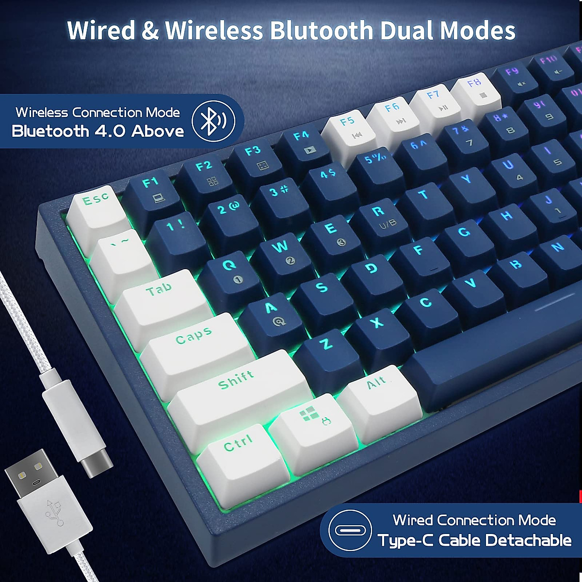 Chuangquan CQ84 Wireless Mechanical Gaming Keyboard, Compact 84 Keys, Programmable RGB Backlight, 60% Keyboard, Blue and White Keycaps for Ipad, Android/Windows Tablet, Desktop, PC Gamer(red Switch)