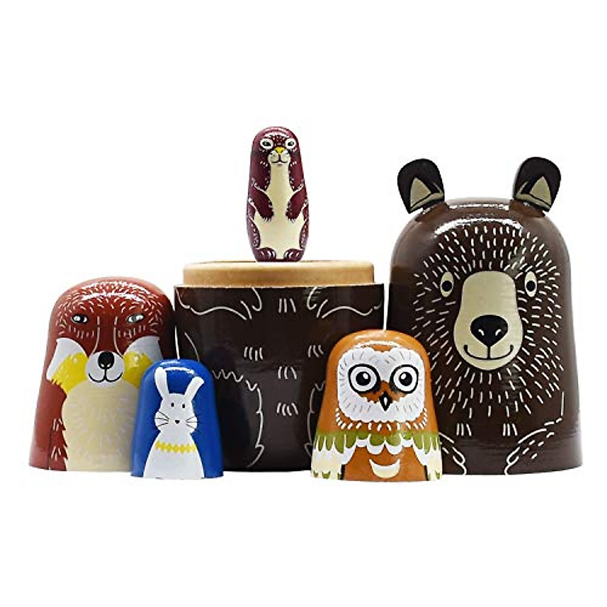 Tphon Russian Nesting Dolls Bear Wooden Matryoshka Dolls for Kids Handmade Cute Cartoon Animals Pattern Nesting Doll Toy Stacking Doll Set of 5