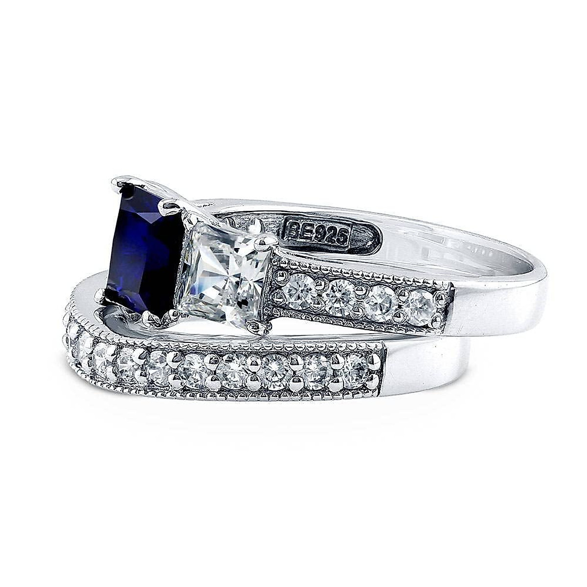 BERRICLE Sterling Silver 3-Stone Wedding Engagement Rings Simulated Blue Sapphire Princess Cut Cubic Zirconia CZ Ring Set for Women, Rhodium Plated Size 7