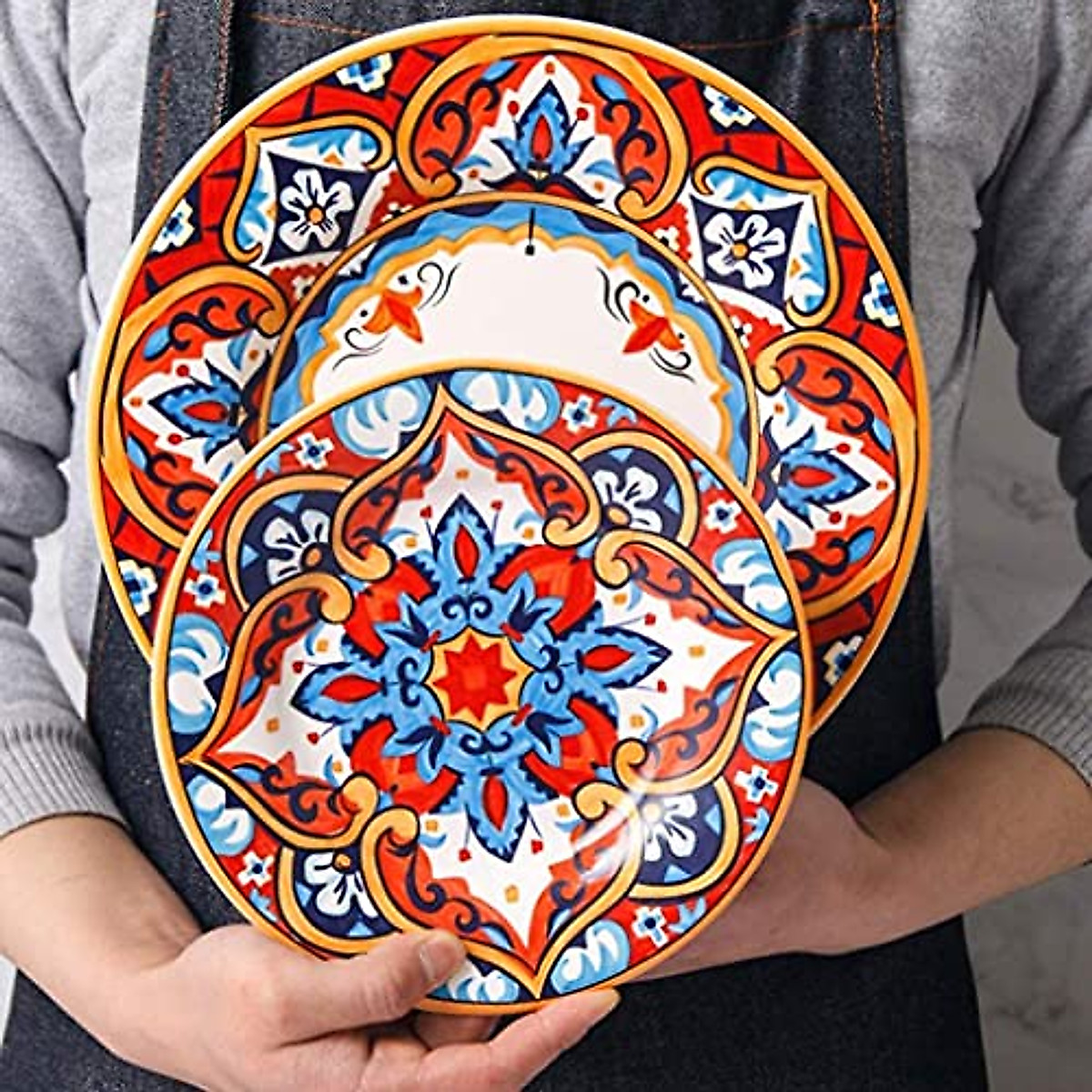 Fine Dinnerware Set,4 Pieces Rustic Style Red Vintage Pattern Ceramic Tableware Porcelain Plate Bowl Mug Dinner Gift