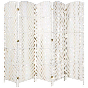 Oriental Furniture 6 ft. Tall Diamond Weave Fiber Room Divider - White - 5 Panel