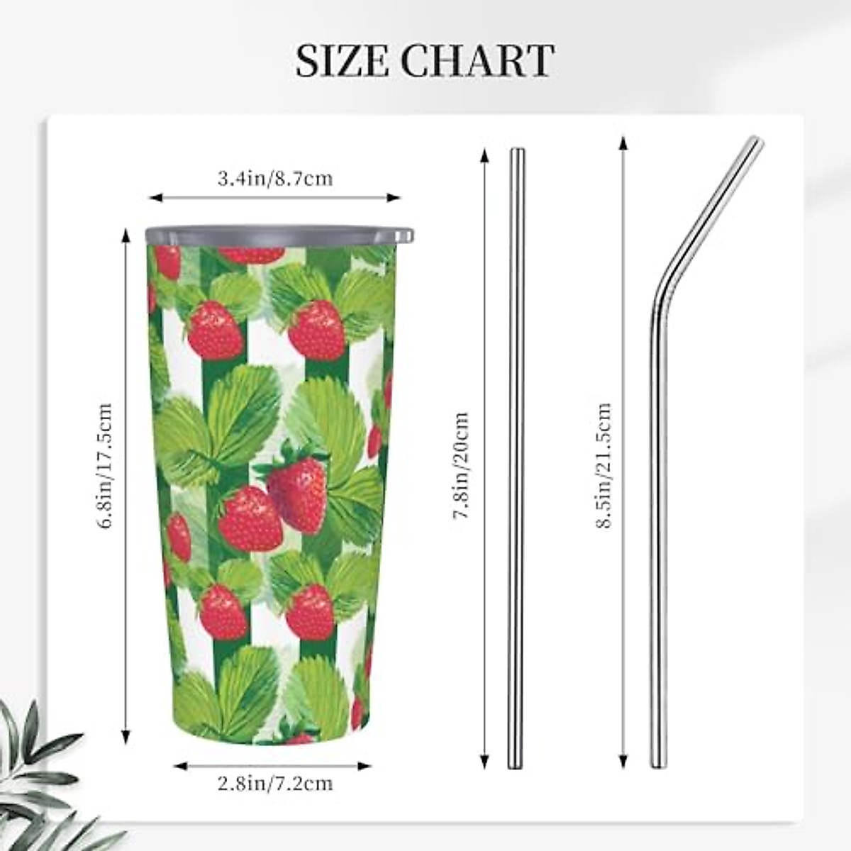 20oz Tumbler Watercolor Fruit Strawberry Double Wall Vacuum Insulated Coffee Mug with Lid and Metal Straw Brush Reusable Stainless Steel Water Bottle Travel Cup Gifts for Car Ice Drinks Hot Beverage