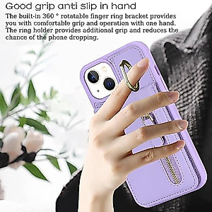 DEYHU iPhone 13 Mini Case with Card Holder for Women, iPhone 13 Mini Phone Case Wallet with Credit Card with Ring Kickstand Zipper Shockproof Slim Stand Case for iPhone13mini - Purple