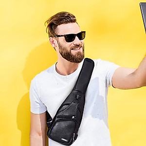 JUMO CYLY Leather Sling Bag for Men Women, Soft Sling Chest Bag, Waterproof Shoulder Chest Bag Small Lightweight Sling Backpack with USB Charging Port. (Small Black2)