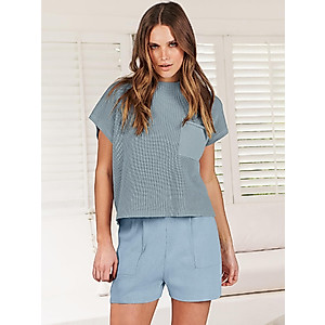 ANRABESS Women's Two Piece Summer Outfits Knit Sweater Short Sets Pullover Tops & Shorts Lounge Matching Clothes Set Sky Small