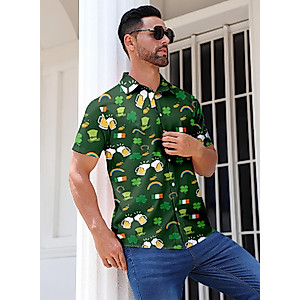 uideazone Hawaiian Shirt for St.Patrick's Day Men Button Down Green Shirt Short Sleeve Tropcial Shirts