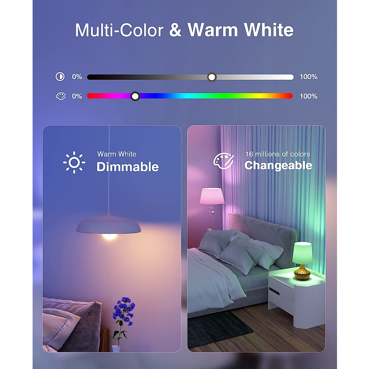 OHMAX Smart Light Bulbs, Color Changing Light Bulbs A19 E26 75W Equivalent, WiFi Light Bulbs Smart Bulbs Work with Alexa Google Home No Hub Required, Dimmable 2700K Warm White, 800 Lumens, 2 Pack