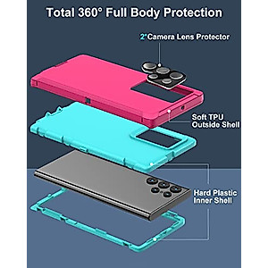 Danhon Samsung Galaxy S22 Ultra Case 6.8" - Heavy Duty Military Grade Protection, Shockproof, Camera Lens Protectors (Pink/Blue)