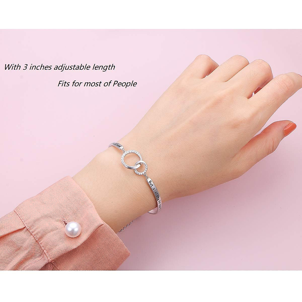 FLYOW 925 Sterling Silver 2 Interlocking Infinity Circles Bracelet with Message Not Sisters By Blood, But Sisters by Heart, Adjustable Sisters Bracelets Friendship Jewelry for Women (Two Circles)
