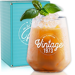 50th Birthday Gifts for Women and Men - 14oz Vintage 1973 50 Year Old Gifts for Women - Dishwasher Safe Stemless Wine Glass - Cool Gifts for 50 Year Old Woman - On the Rox