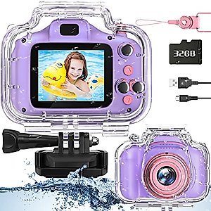 Miiulodi Kids Waterproof Camera - Birthday Gifts for 3 4 5 6 7 8 9 10 Year Old Girls 2 Inch IPS Screen Underwater Action Camera with 32 GB SD Card, Pool Toys for Kids Age 8-12 Pink