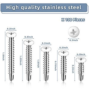 100 Pcs 5 Size #8 White Screws White Wood Screws White Pan Head Screws White Sheet Metal Screws Stainless Steel Screws Wall Plate Fast Self Tapping Screws Thread Truss for Switches Covers Replacement