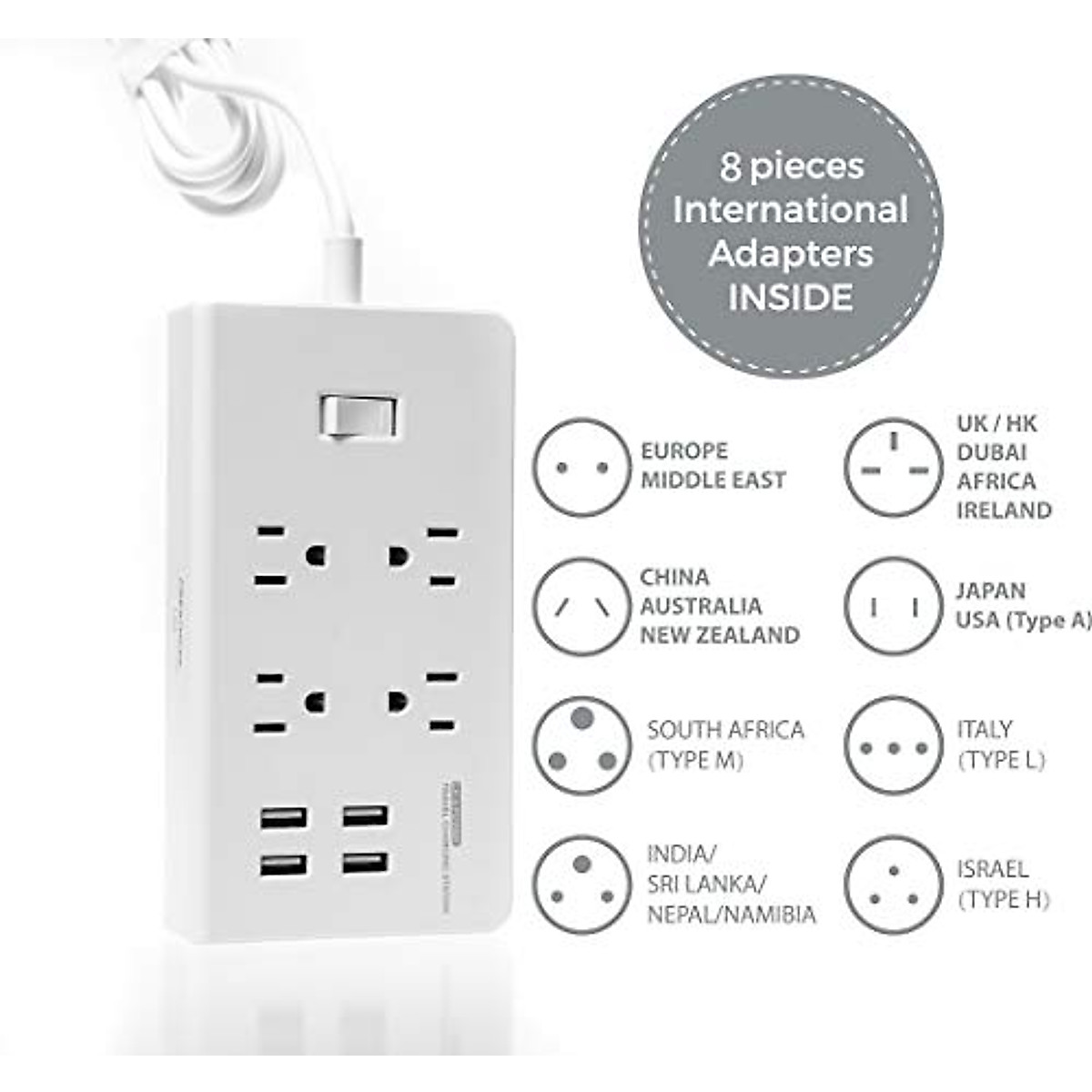 GR-8 Power Compact & Slim Travel Charging Station - International Power Adapter - Surge Protector - Power Strip with 4 Intelligent USB - Free Bonus Included