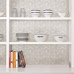 In Home InHome NH2359 Hexagon Marble Peel Stick Backsplash Tiles, White & Off-White