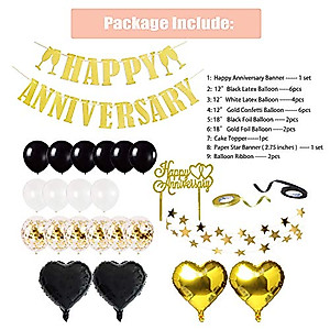 Happy Anniversary Decorations, Happy Wedding Anniversary Decorations with Banner, Cake Topper, Glitter Hanging, Ribbon and Balloons for All Ages' Anniversary Party Decorations (Black/Gold)