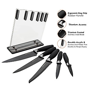 Luxhomewares 6 Piece Knife Set | 5 Beautiful Black Titanium Knives with Block Sharp Kitchen Sets Multiple Size, All Purpose 8 inch Chef, Bread, & Carving Utility Paring