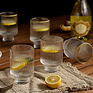 G Meridian Tumbler Glasses set of 6, 11.5 oz Clear with Gold Rim Durable Drinking Highball Cup for Water Soda Juice Milk Coke Beer Spirits Iced Beverage Vintage Style Home Office Desk Everyday Use