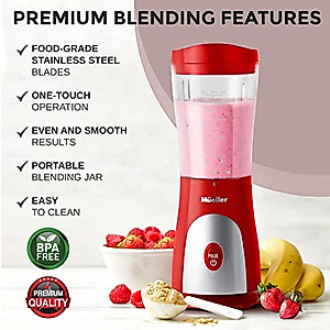 Mueller Ultra Bullet Personal Blender for Shakes and Smoothies with 15 Oz Travel Cup and Lid, Juices, Baby Food, Heavy-Duty Portable Blender & Food Processor, Red