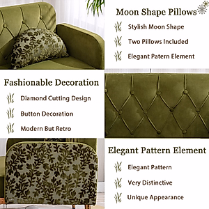 55-inch Small Velvet Couch with Elegant Moon Shape Pillows, Twin Size Loveseat Accent Sofa with Golden Metal Legs, Living Room Sofa with Tufted Backrest, 600 Pounds Weight Capacity, Green