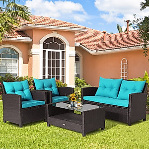 Tangkula 4-Piece Patio Furniture Set, Rattan Wicker Chair Set with 1 Loveseat, 2 Single Sofas, 1 Coffee Table with Tempered Glass Top, Outdoor Furniture Sets for Backyard, Porch, Garden and Poolside