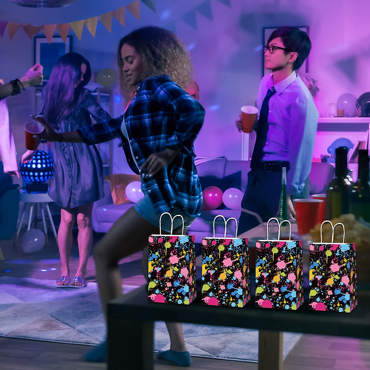 chiazllta 12 Pieces Neon Gift Bags Glow in the Dark Party Goodie Bags with Handle Paint Splatter Gift Bags for Treat Candy Neon Party Favors for Birthday Supplies Decor