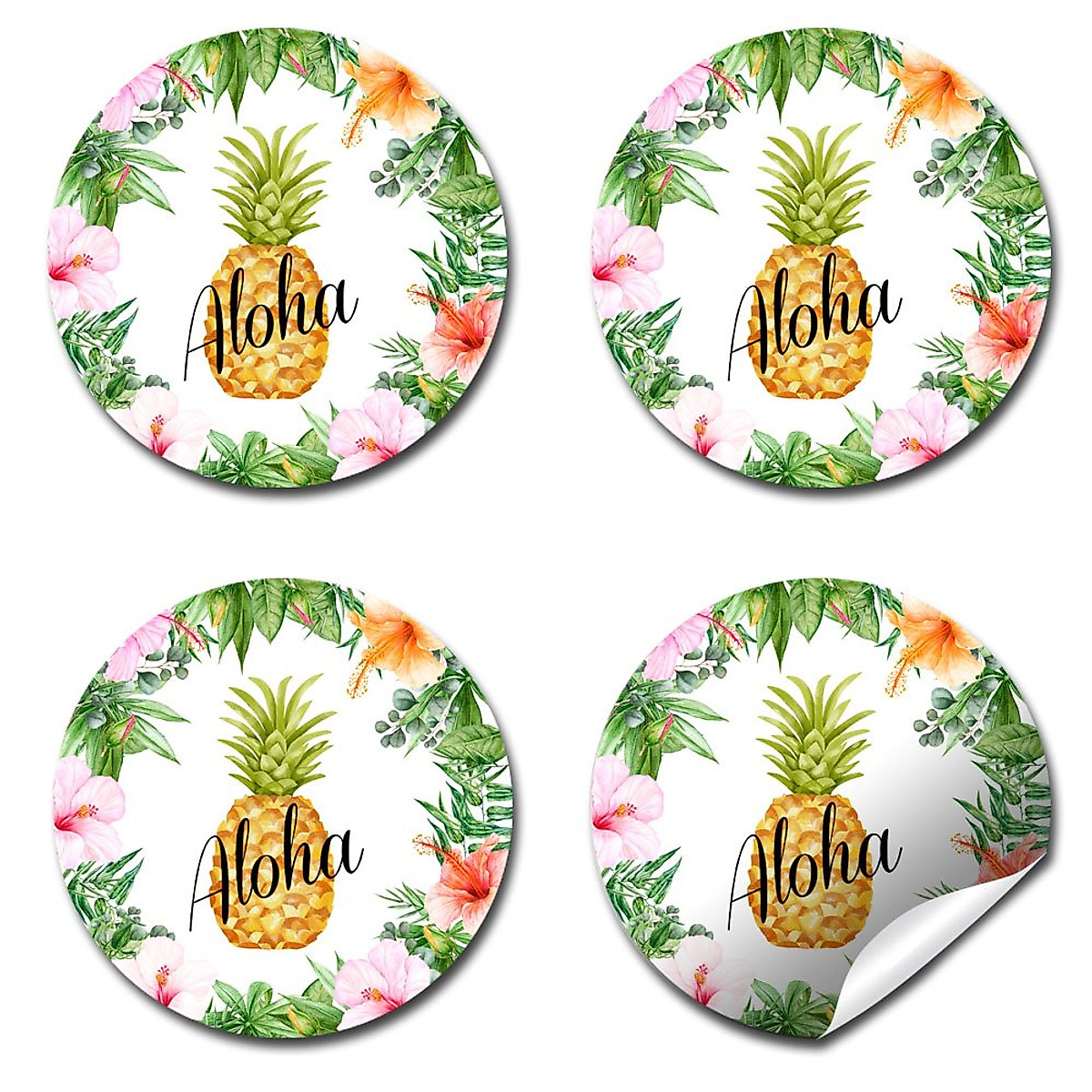 Watercolor Pineapple Aloha Thank You Sticker Labels, 40 2" Party Circle Stickers by AmandaCreation, Great for Party Favors, Envelope Seals & Goodie Bags