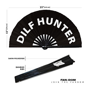 DILF Hunter hand fan foldable bamboo circuit hand fan funny gag slang words expressions statement gifts Festival accessories Rave handheld Circuit event fan Clack fans (Black)