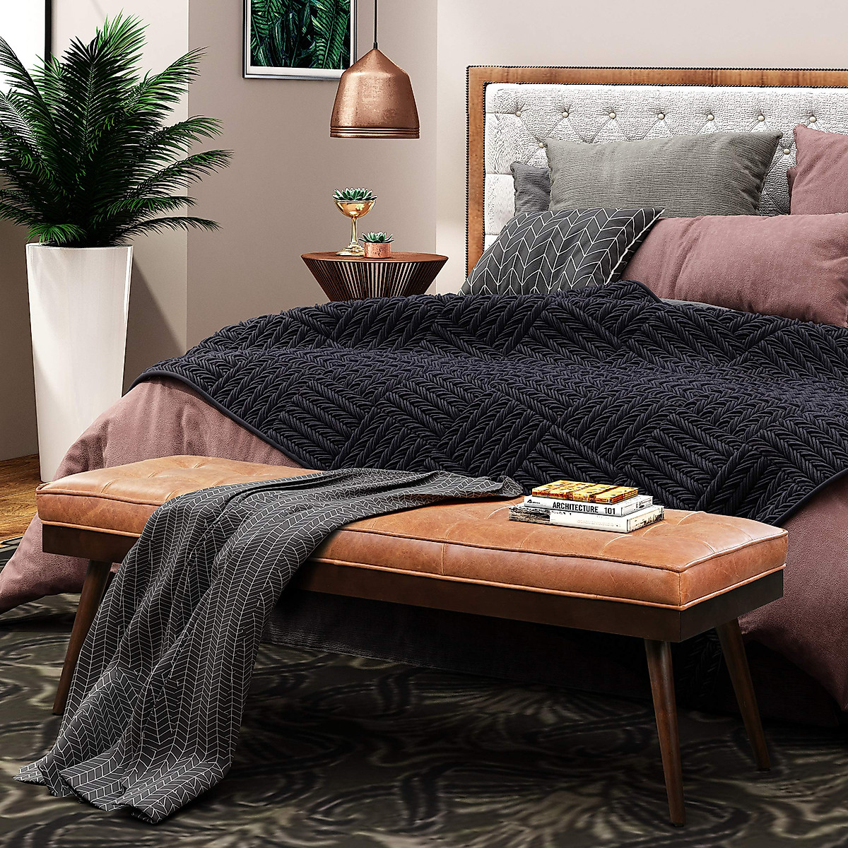 POLY & BARK 55" Tufted Leather Bed Bench for Bedroom End of Bed - Living Room Entry Way Bench - Pure Italian Leather Upholstery with a Solid Wood Frame - Ottoman Bench with Wooden Legs - Cognac Tan